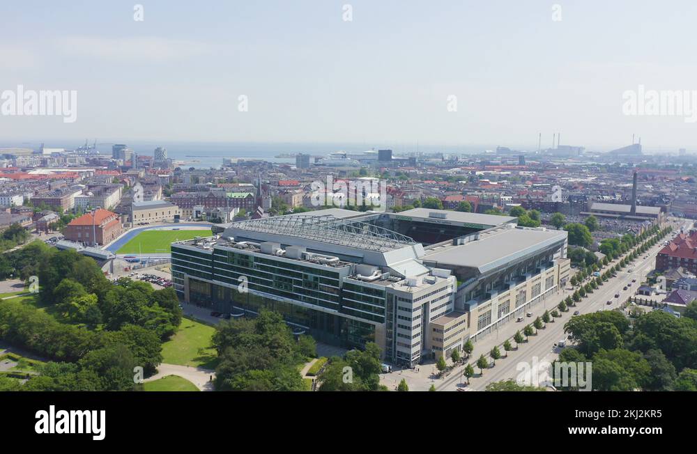Dolly zoom. Copenhagen, Denmark. Parken Stadium (Telia Parken) is a ...