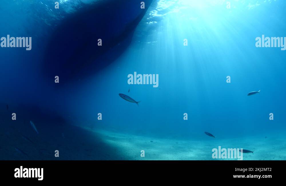 sun beams and sun rays under the boat scenery with fish underwater ...