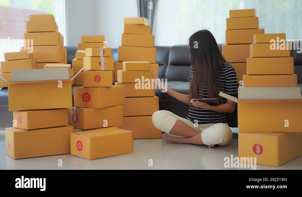 Order online, Stack of packing boxes, Shipping parcel package and ...