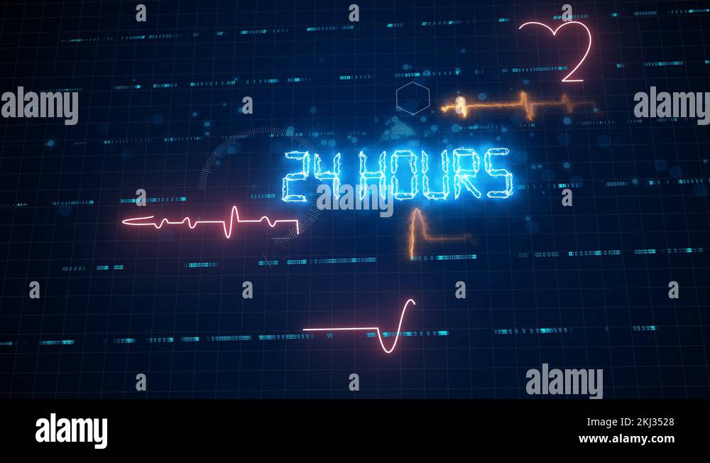 24 Hours 7 Days Week Numbers Clock Animation.Neon text with cardiograms ...