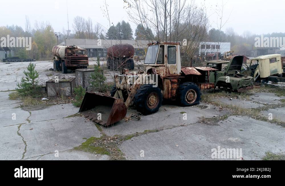 Equipment cemetery in the Chernobyl exclusion zone. City of Pripyat ...