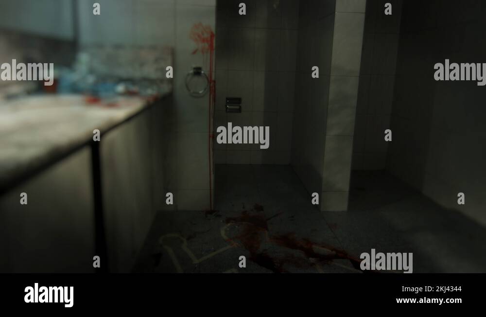 Crime Scene in bathroom with death body outline on the floor, blood, a ...