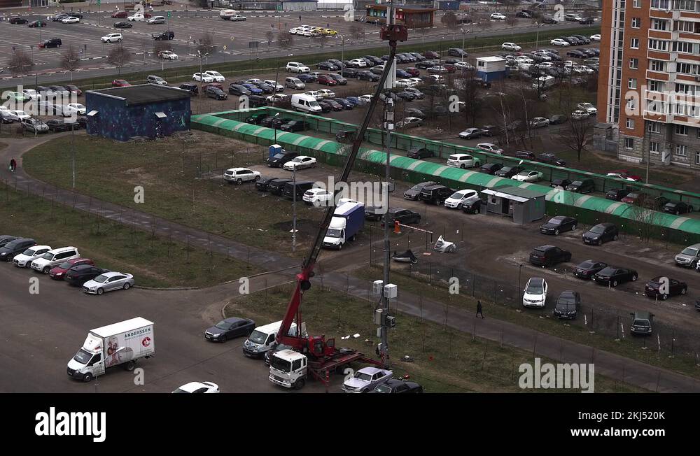 Moscow, Russia - 14 04 2020: electrical installation at height sets the ...