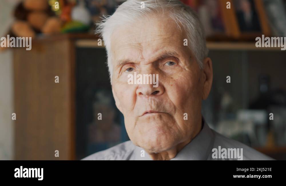 Senior old man is talking, saying NO, refusing. Interview of retired ...