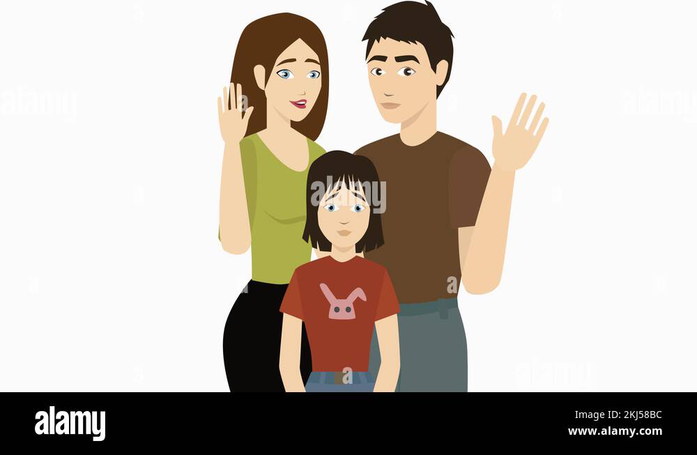 2d animation, young Caucasian family waving in house as Stay home Stay ...