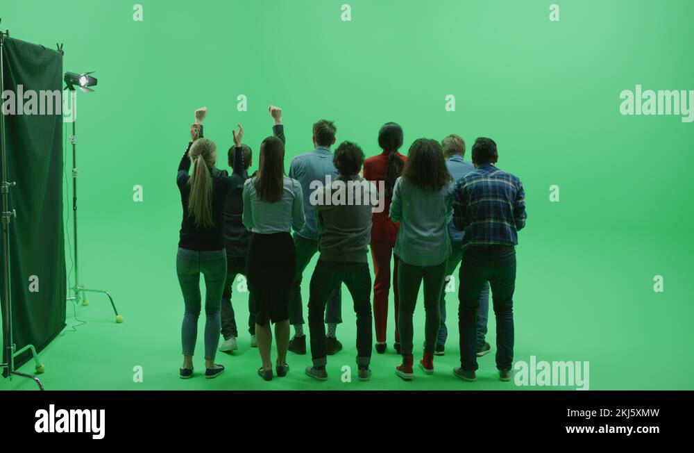 Green Screen Chroma Key Studio: Diverse Row of Seven Fans Cheering ...