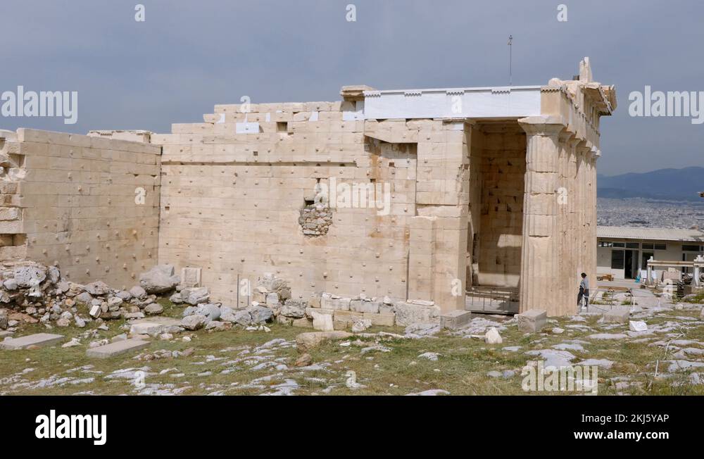 Right to left pan from over the temple of Athena inside the Acropolis ...