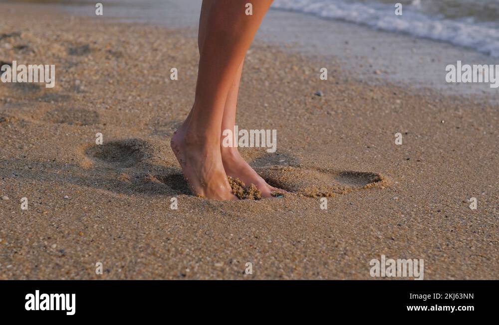 close up woman feet walking barefoot on beach at sunset leaving ...
