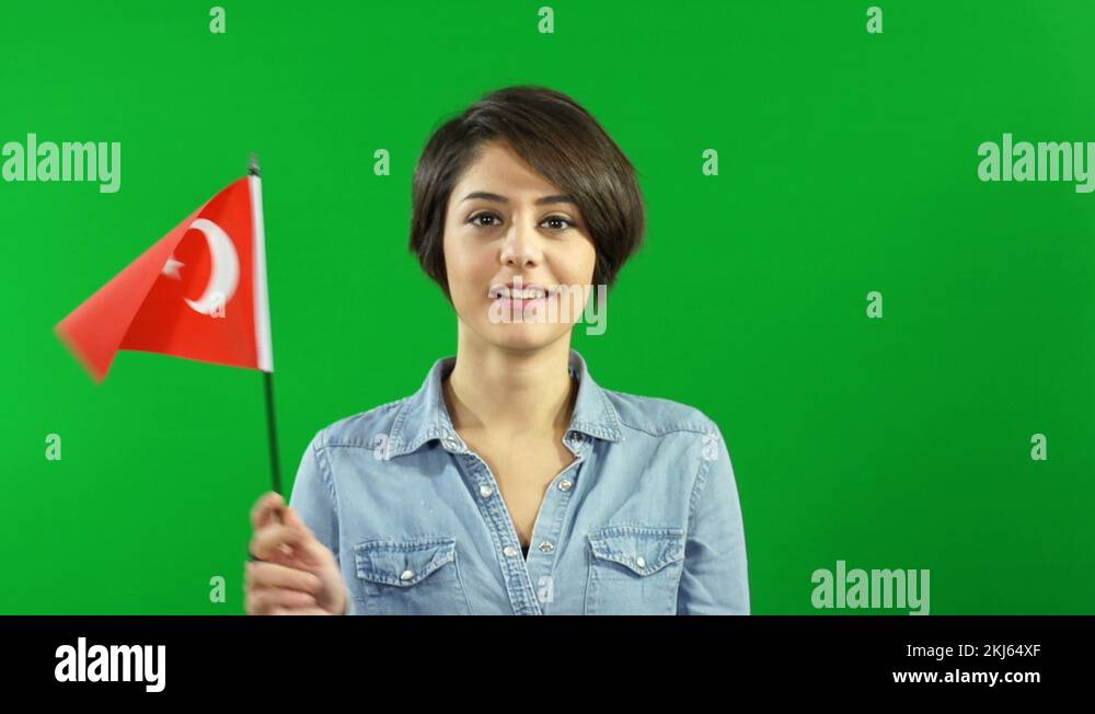 Young Girl waving Turkey hand Flag - Green Screen, Chroma Key - Turkish ...