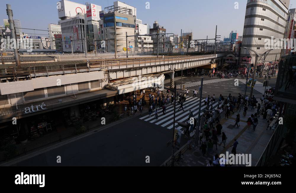Many people walk in shadow, pedestrian crossing at Ueno Street, view ...