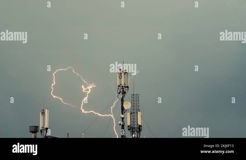 Lightning near the mobile antenna. Thunder Sky. Lightning strike Stock ...