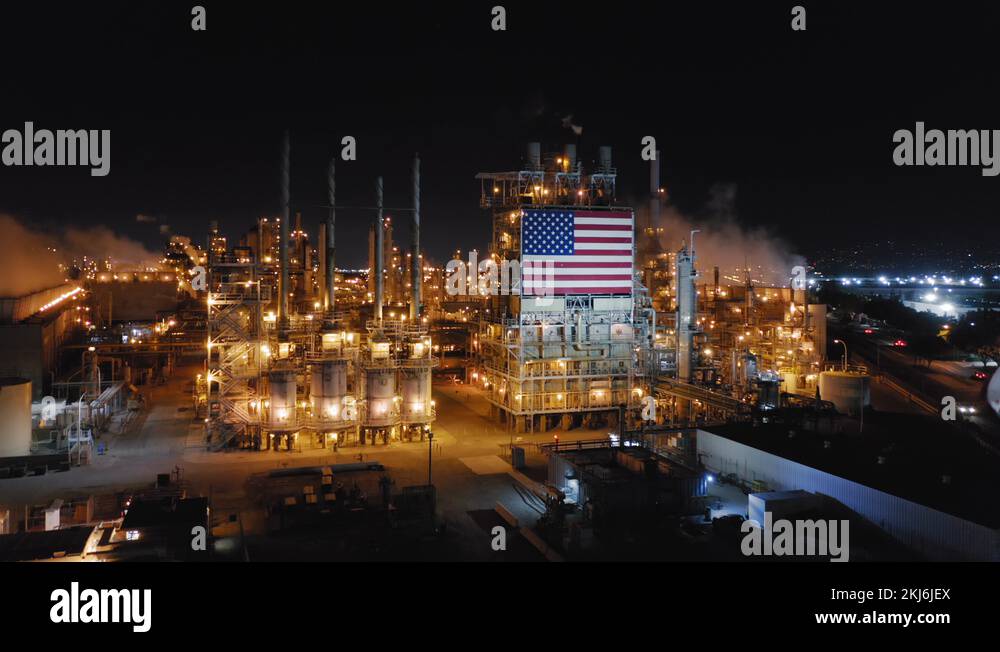 Modern american petroleum refinery during its work at night. American ...