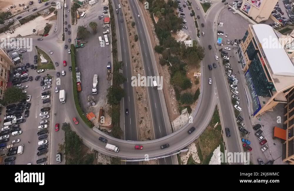 Flow of vehicular traffic on unique highway curved overpass, Lebanon ...