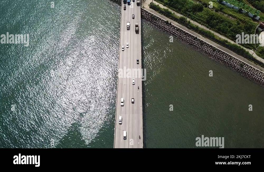 Cebu South Coastal Road Traffic On Bridge Above Sea, Birds Eye Aerial ...