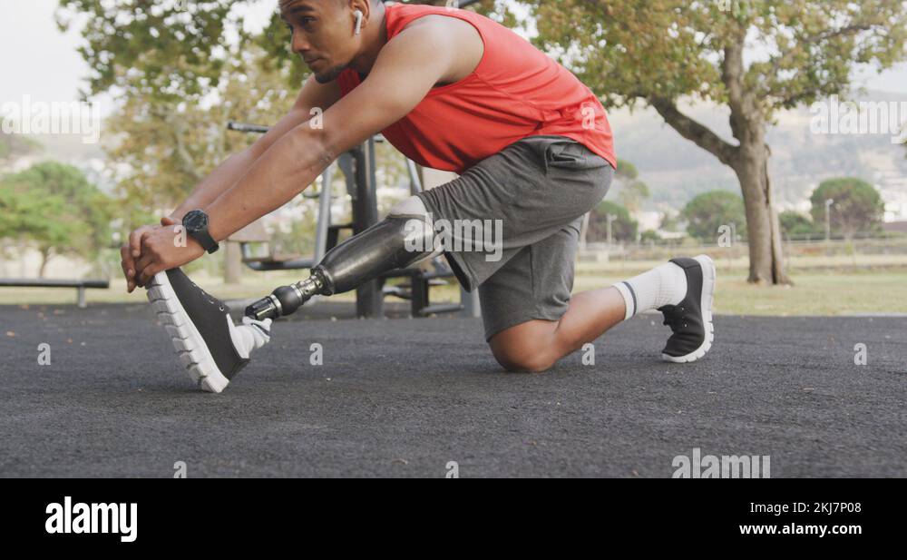 Side view man with prosthetic leg stretching Stock Video Footage - Alamy
