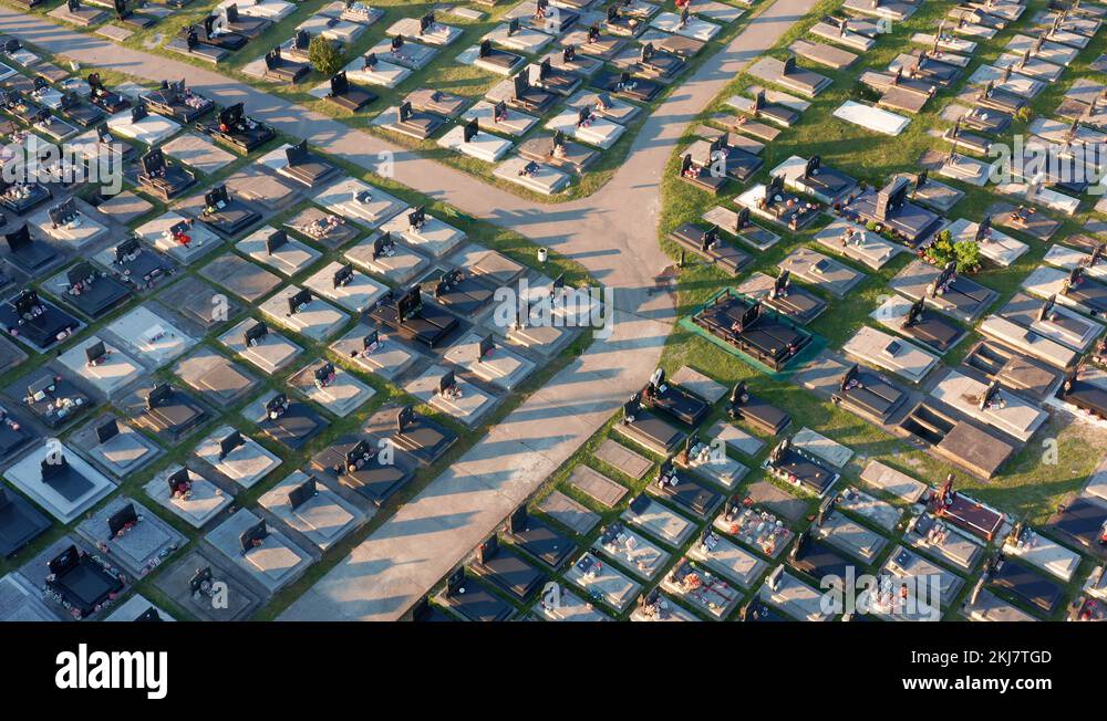 Tombs in a large cemetery with walkways between sections - aerial view ...
