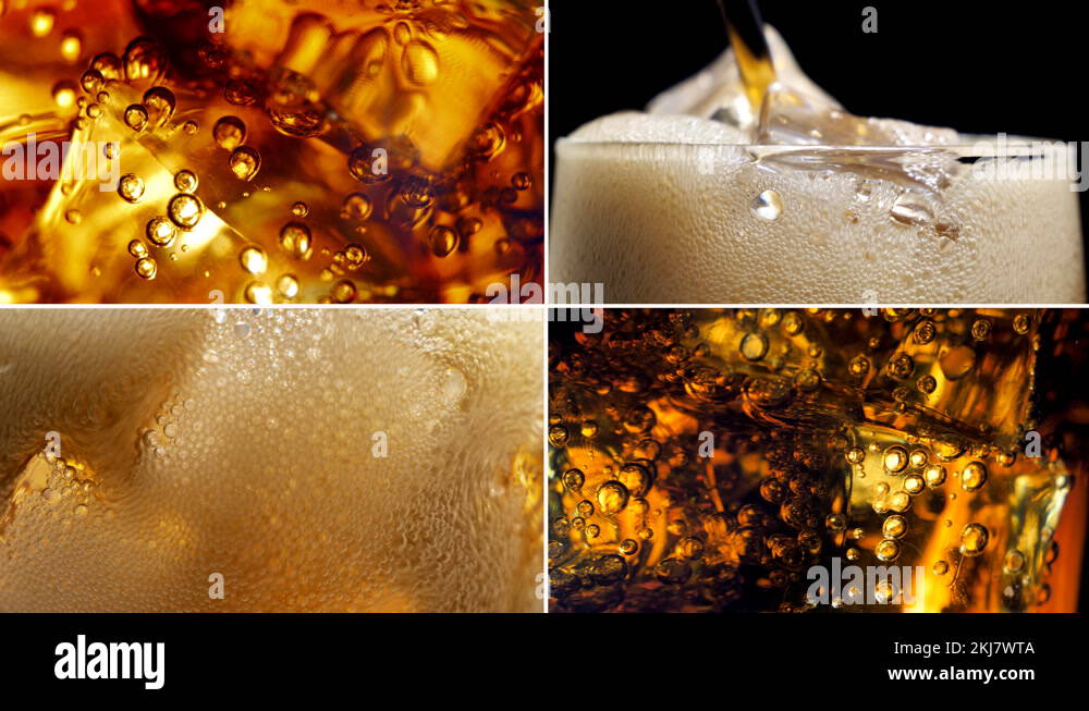 collage pouring a carbonated soft drink into a transparent glass with ice cubes Stock Video ...