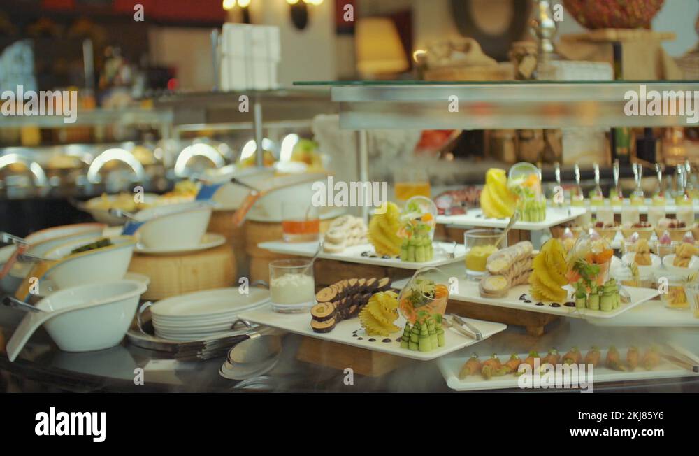 a very stylish open buffet of the hotel.cold ice fumes are spreading ...