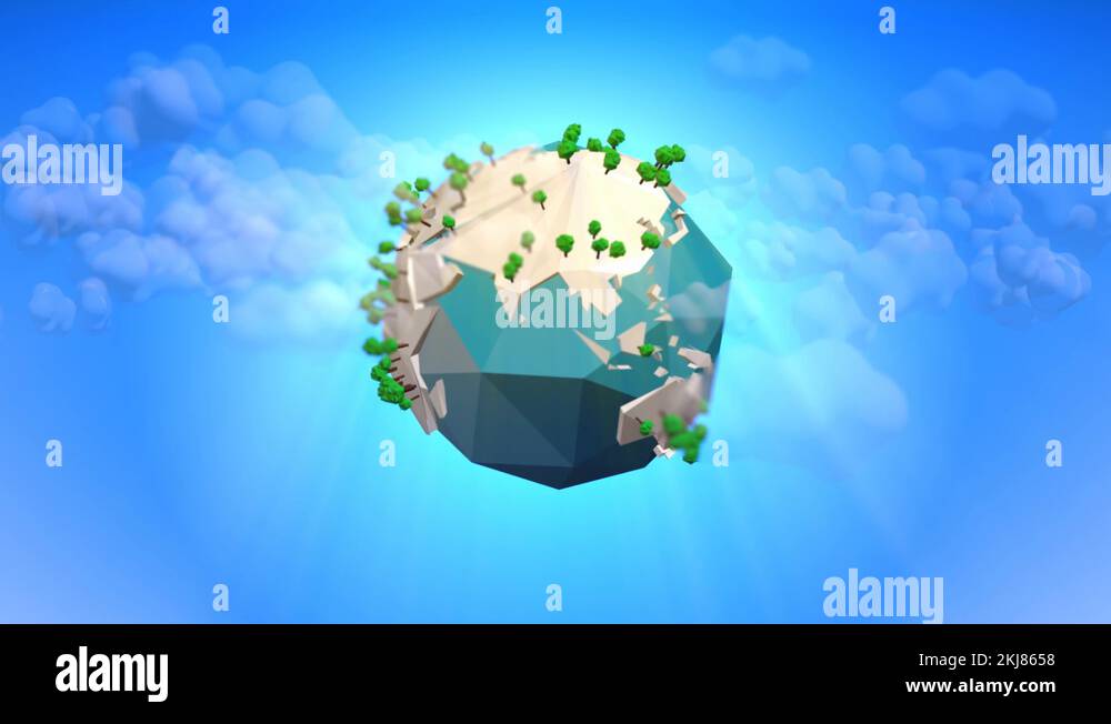 3D Cartoon Earth with low-poly style forests, map and clouds. Full HD ...