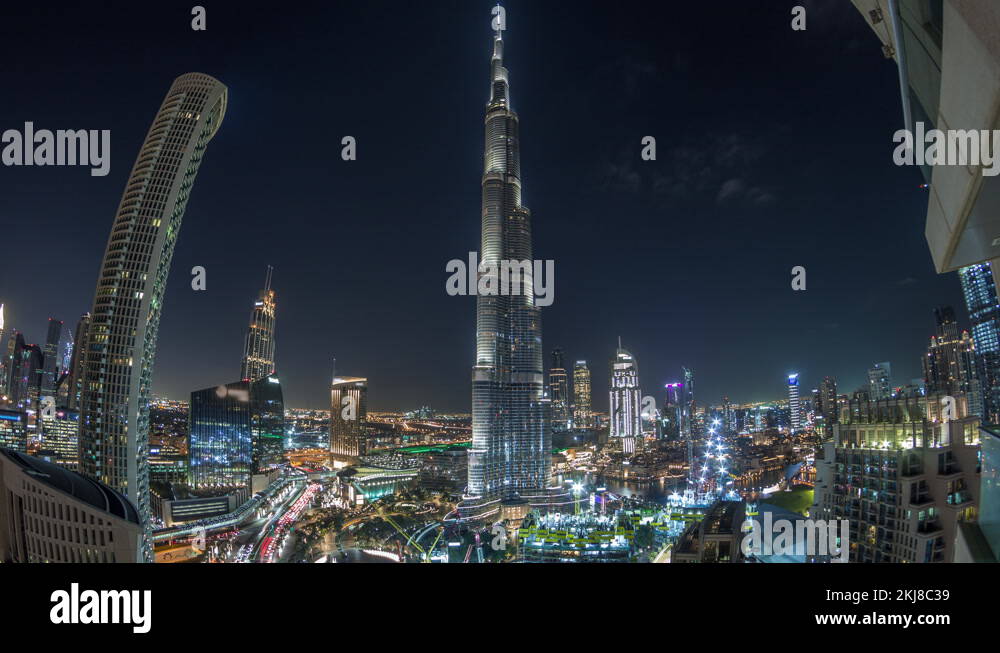 Panoramic skyline view of Dubai downtown with mall, fountains and ...