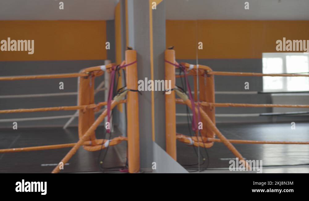 Empty boxing ring in gym. Camera moving along sports club for boxers ...