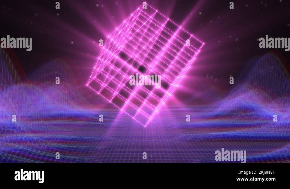 Retro Synthwave 3D Laser Wireframe Cube Rotating Over 80s Neon Grid ...