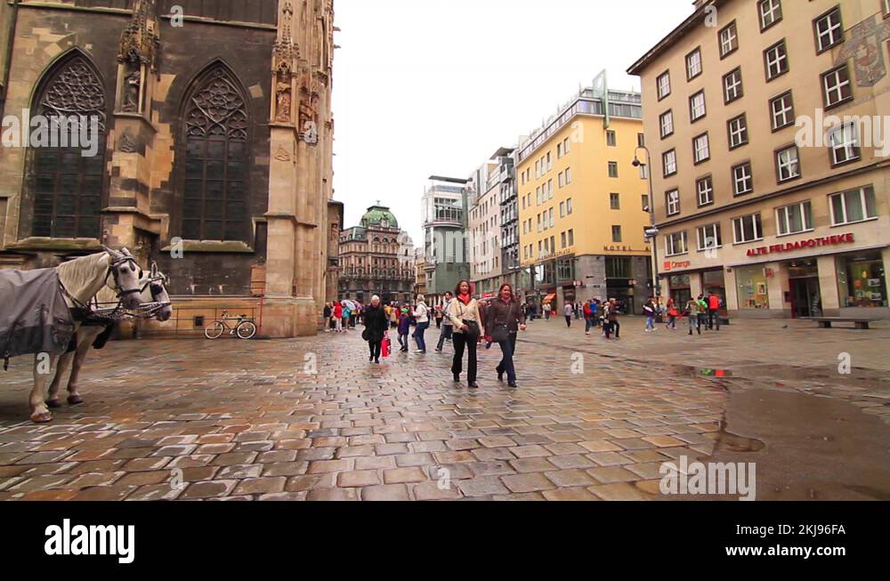Vienna city centre right to left pan from St Stephen's Cathedral to the ...