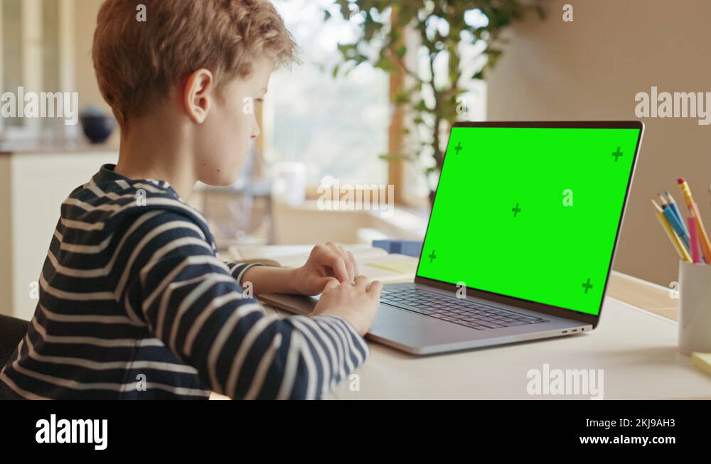 Smart Little Boy Uses Green Screen Chroma Key Laptop for Learning and ...