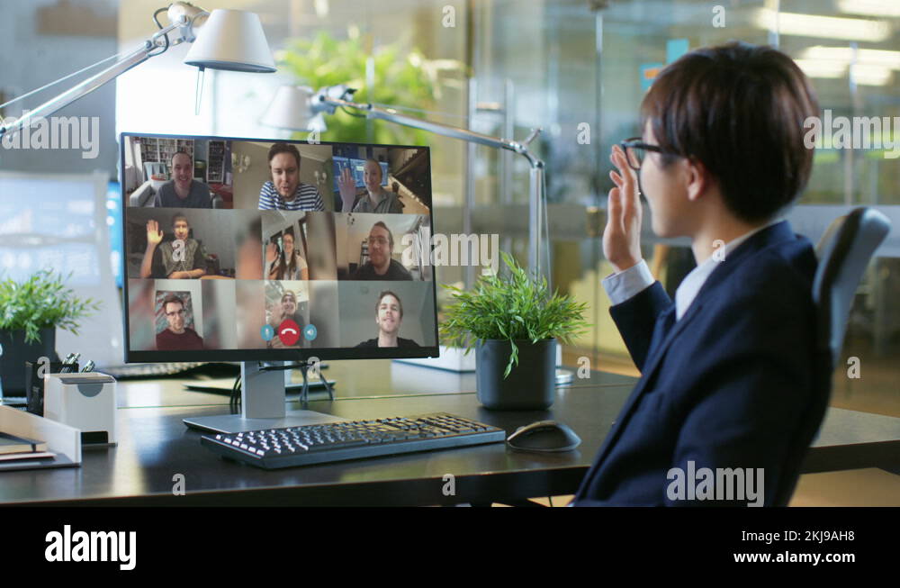 In the Office: Businessman Uses PC Conference Video Call Software App ...