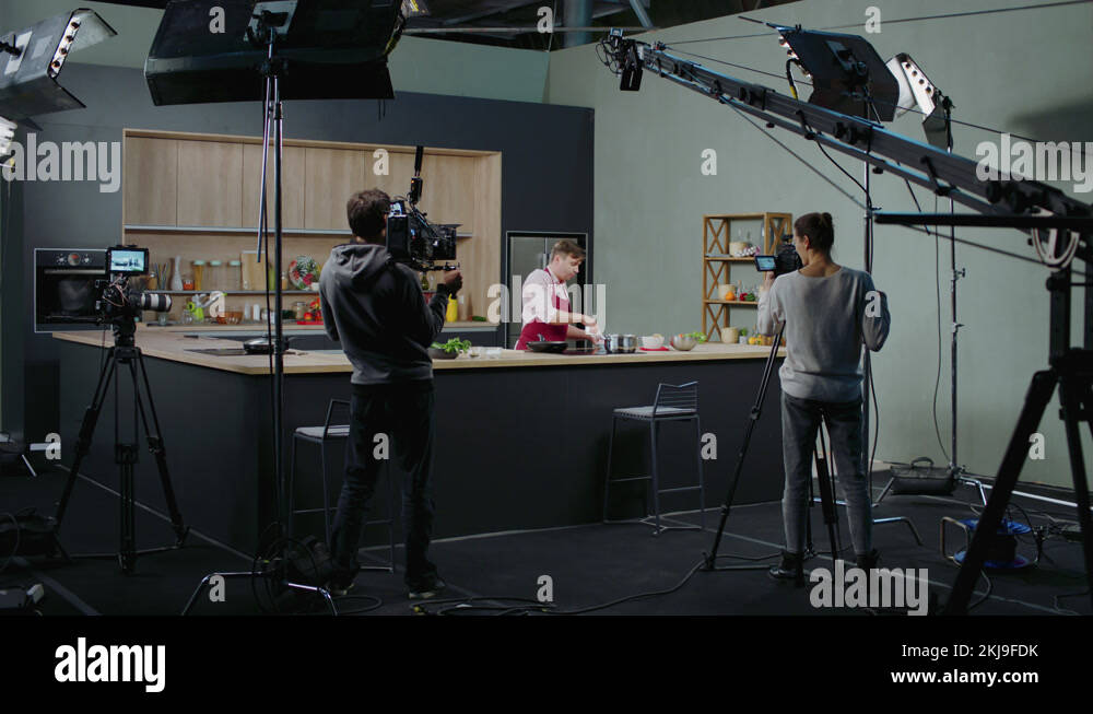 Behind the scenes of studio set, shooting TV cooking show with ...