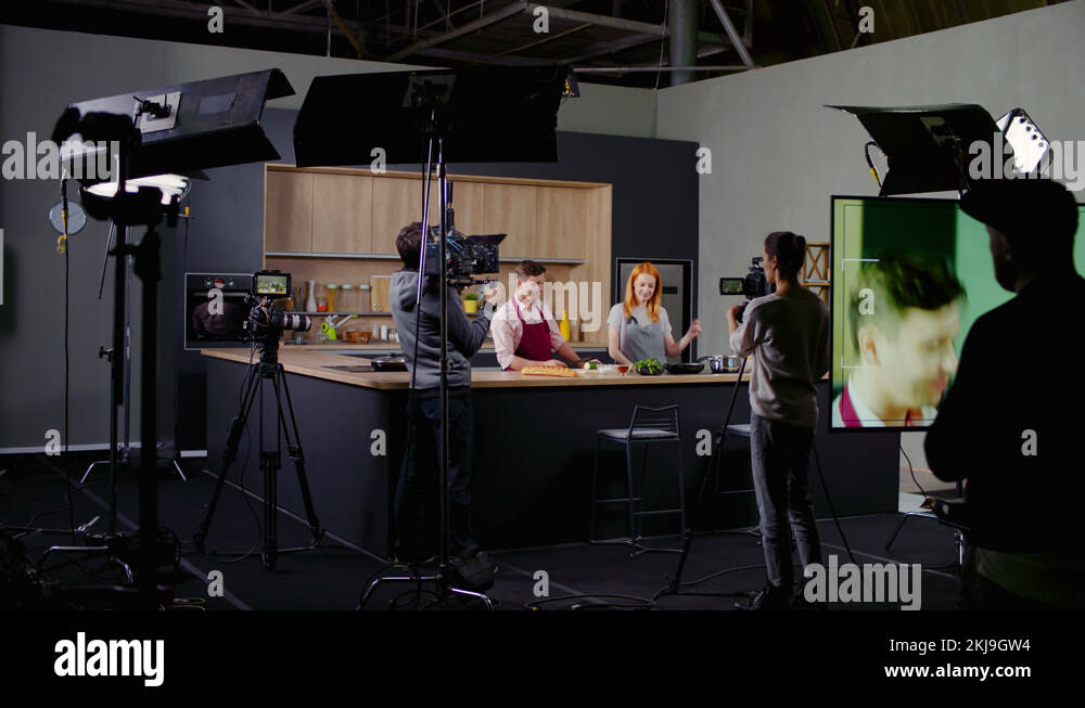 Behind the scenes of studio set, shooting TV cooking show with ...