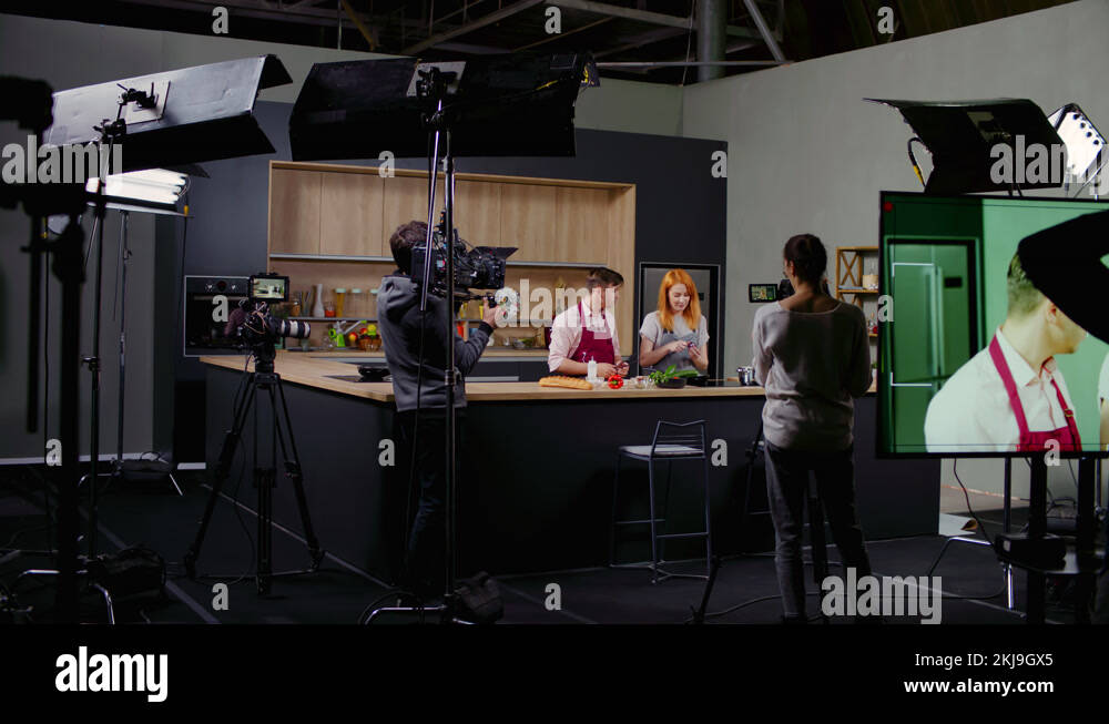 Behind the scenes of studio set, shooting TV cooking show with ...