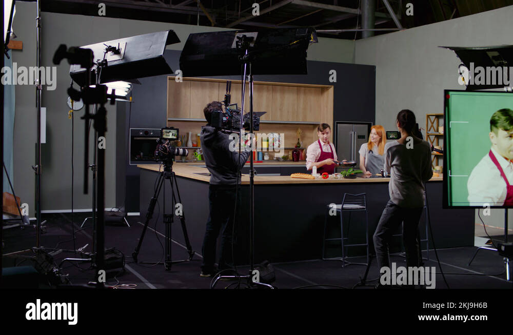Behind the scenes of studio set, shooting TV cooking show with ...