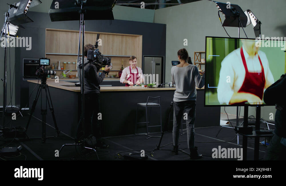 Behind the scenes of studio set, shooting TV cooking show with ...