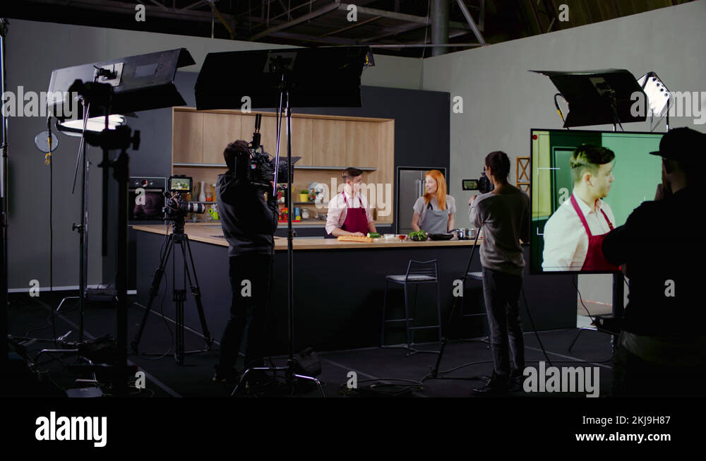 Behind the scenes of studio set, shooting TV cooking show with ...