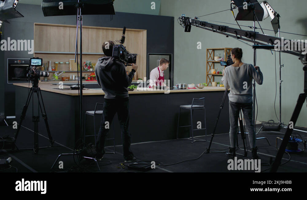 Behind the scenes of studio set, shooting TV cooking show with ...