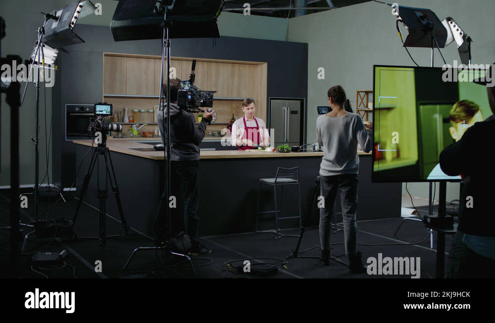 Behind the scenes of studio set, shooting TV cooking show with ...