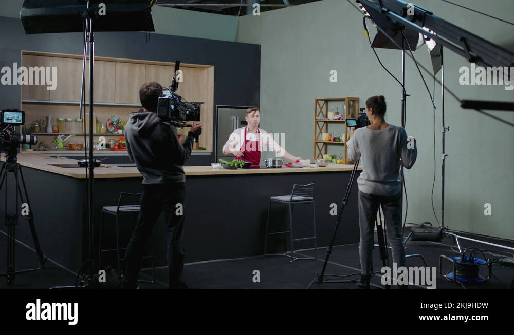 Behind the scenes of studio set, shooting TV cooking show with ...