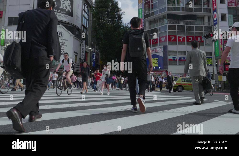 Many japanese people cross a packed road in Shinjuku, Tokyo while rush ...