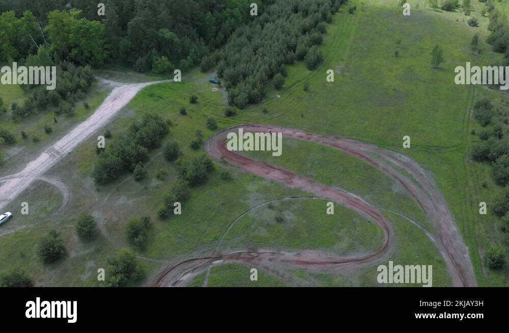 Motorcycle race track from bird's eye view with enclosed manmade dirt ...