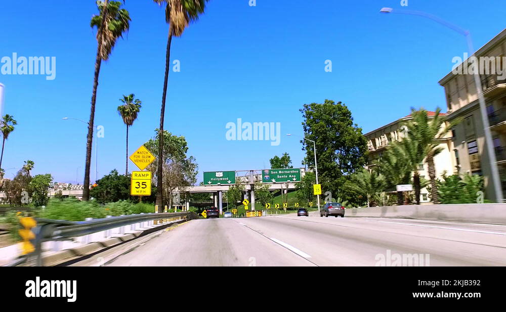 Driving on 101 freeway during rush hour traffic in Los Angeles ...