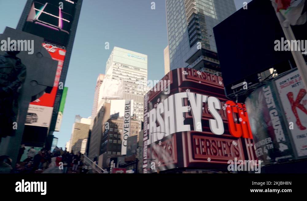 Low angle rotating view of the digital billboards and ads in Times ...