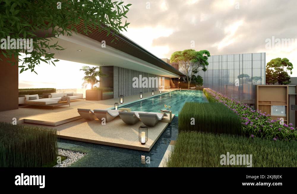 3d animation time-lapse of rooftop swimming pool from sunset to evening ...