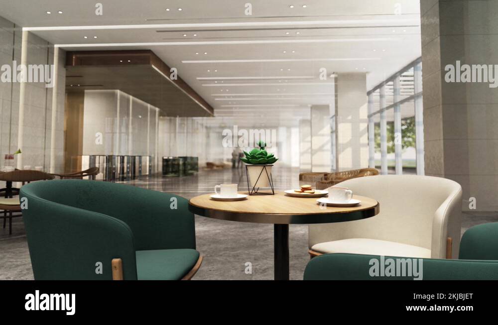 3d animation of armchairs & coffee table in modern office lobby waiting ...