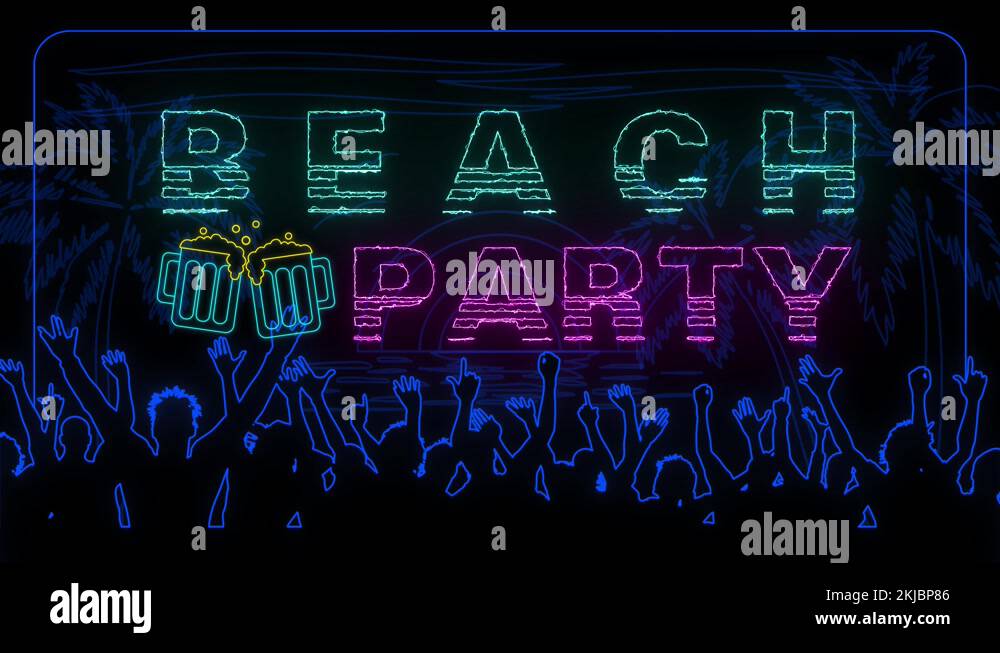 beach party neon animation background,beach and crowd and beer Stock ...