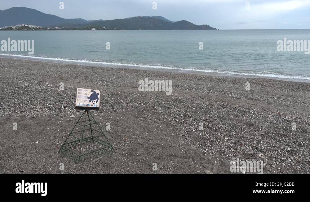 Fethiye bay view and a turtle nest cage on the Calis beach Stock Video ...