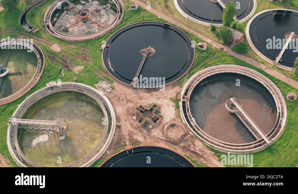 Wastewater treatment plant, round pools for filtration of dirty or ...
