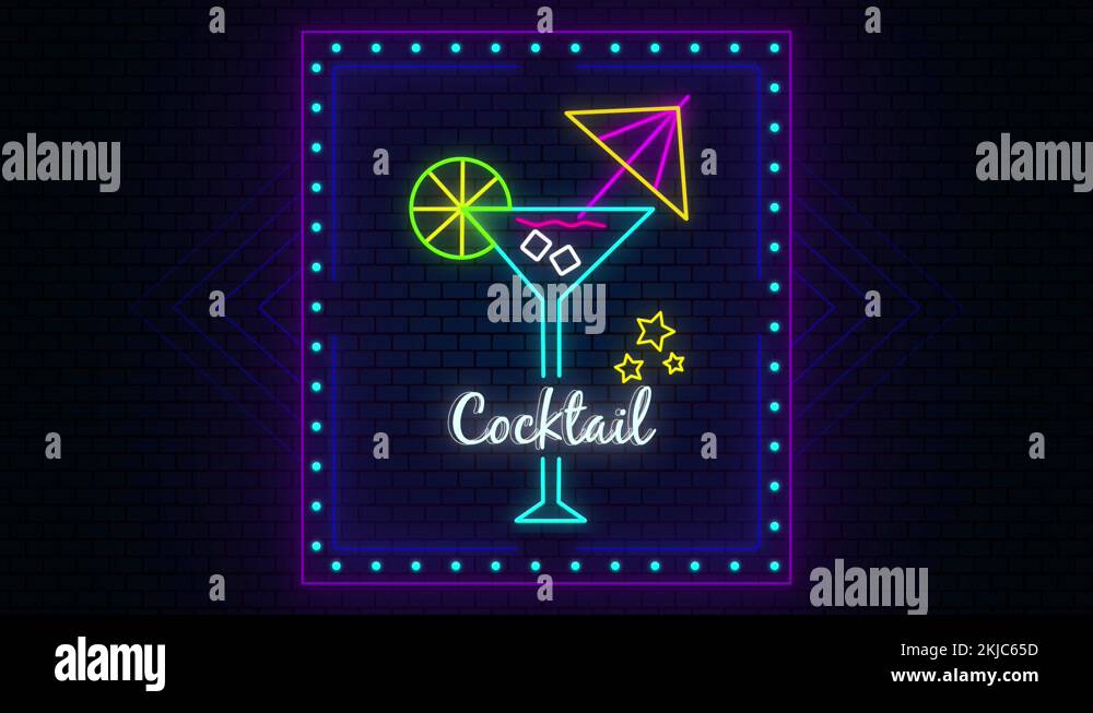 cocktail neon sign board,lights and lines on a dark background ...