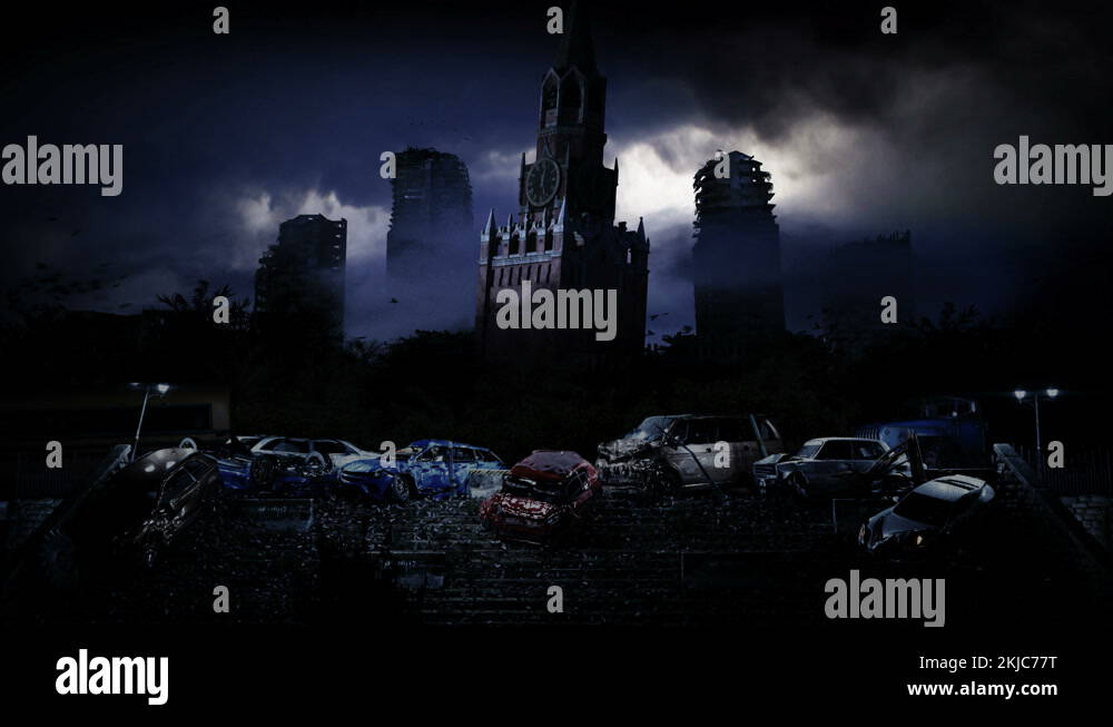 Apocalypse Moscow city in fog. destroyed city. Apocalypse concept ...