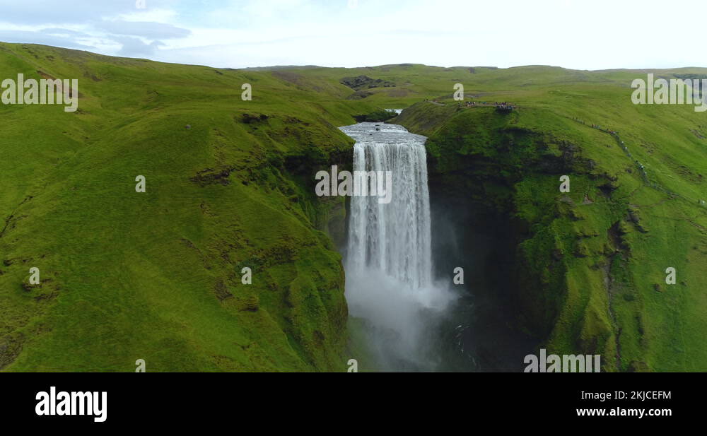 Skogafoss waterfall on Iceland - aerial drone video of Icelandic ...